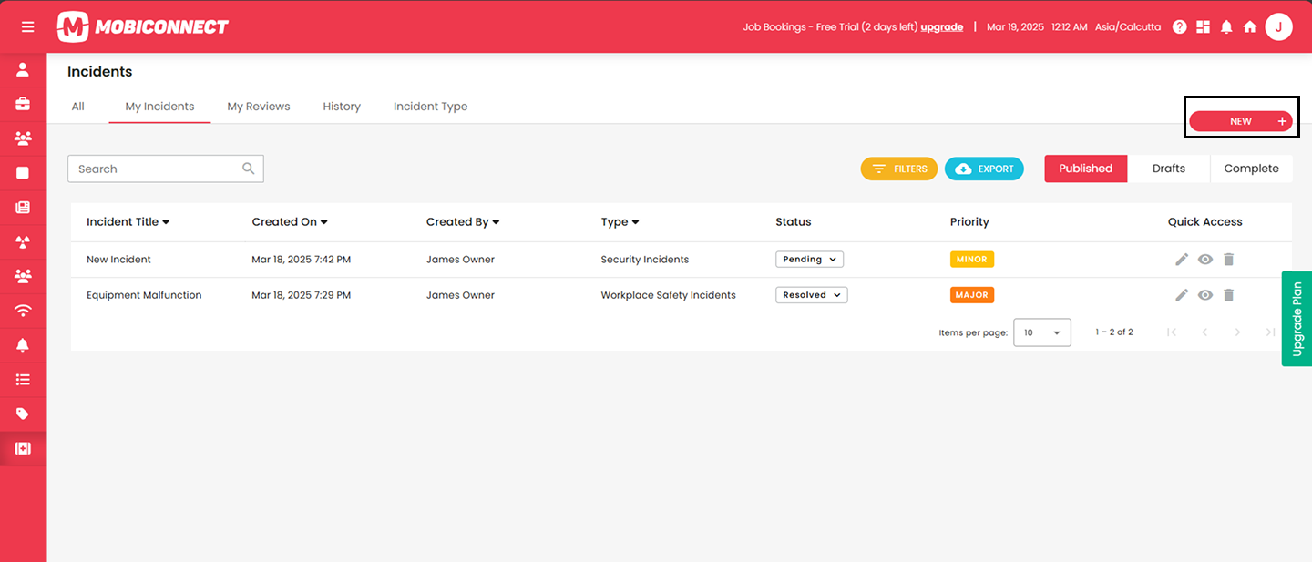 Create Incidents - Mobiconnect Documentation